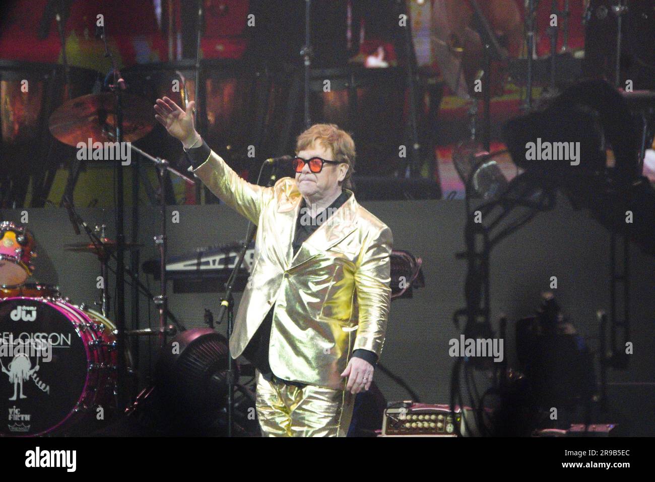 EDITORIAL USE ONLY Elton John performing on the Pyramid Stage at the ...
