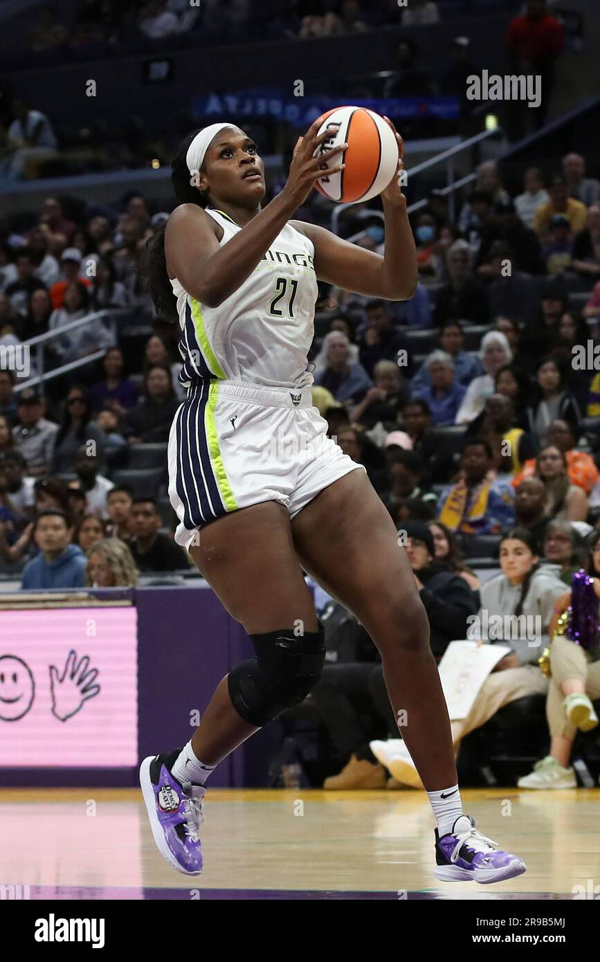 LOS ANGELES, CA - JUNE 25: Dallas Wings center Kalani Brown (21) drives ...