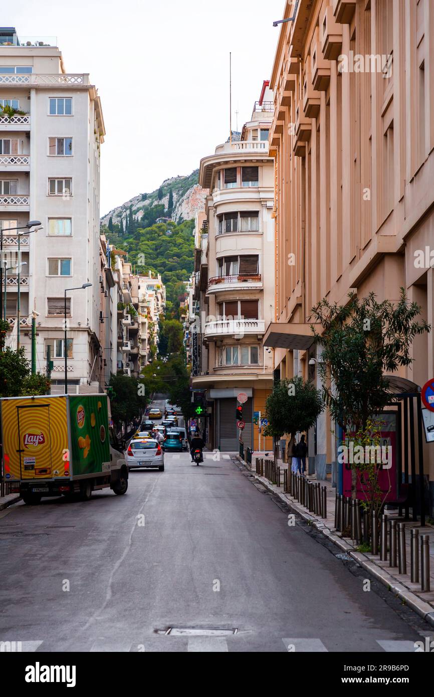 Athens, Greece - 27 Nov 2021: Modern buildings in the streets of Athens ...