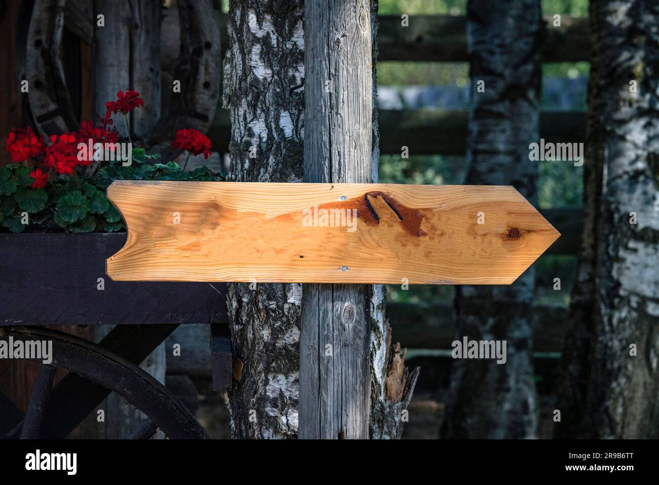 Wooden arrow sign outside a house with red flowers Stock Photo - Alamy