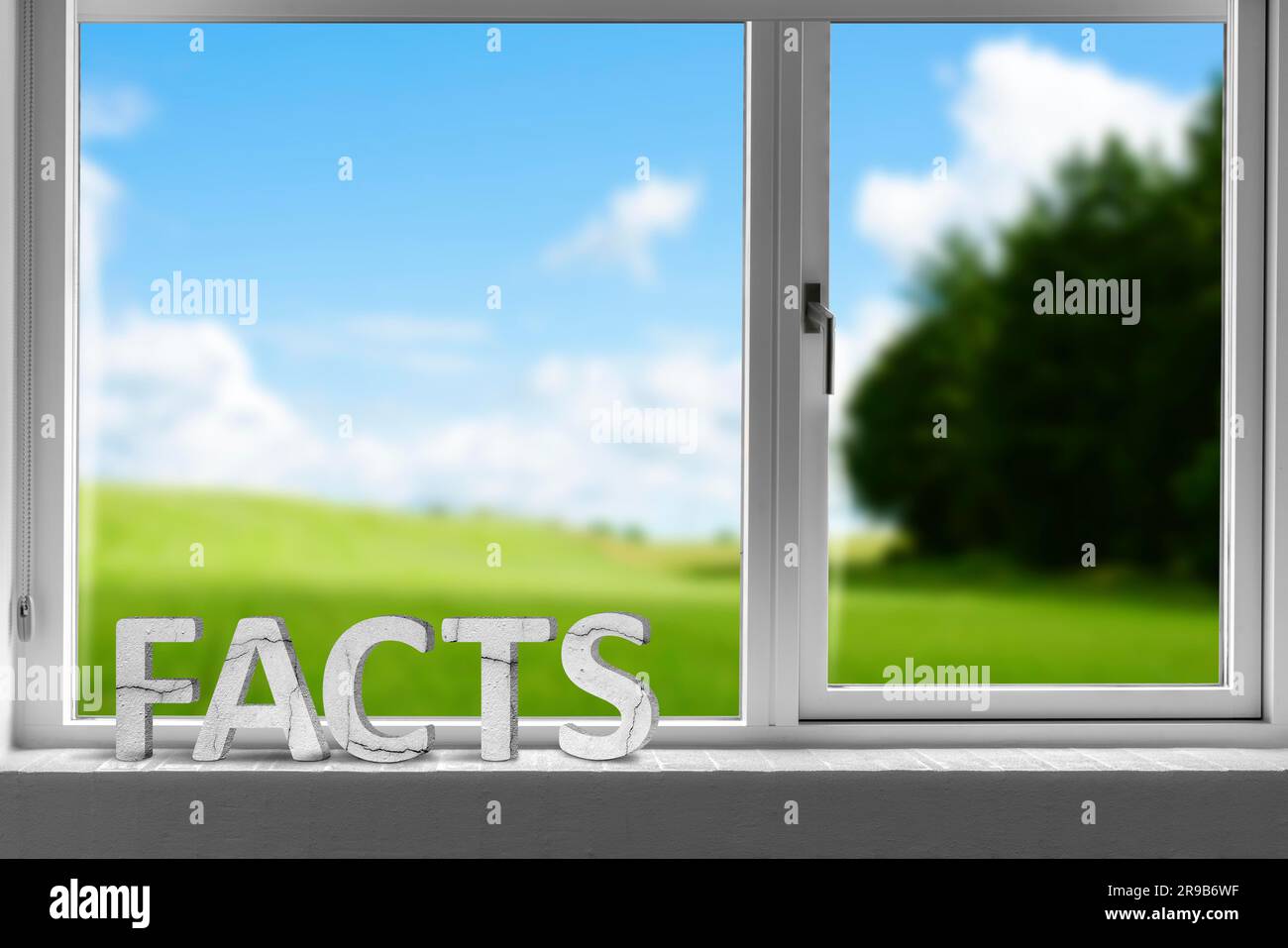 Facts decor sign in a window with a green meadow in the background ...