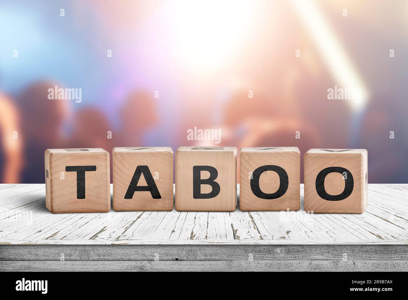 Taboo sign on a table in a night club with lights and people Stock ...