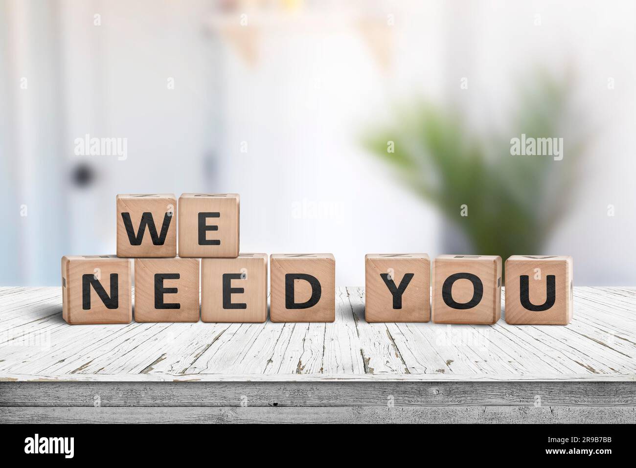 We need you sign on a white table in a bright room with a green plant ...