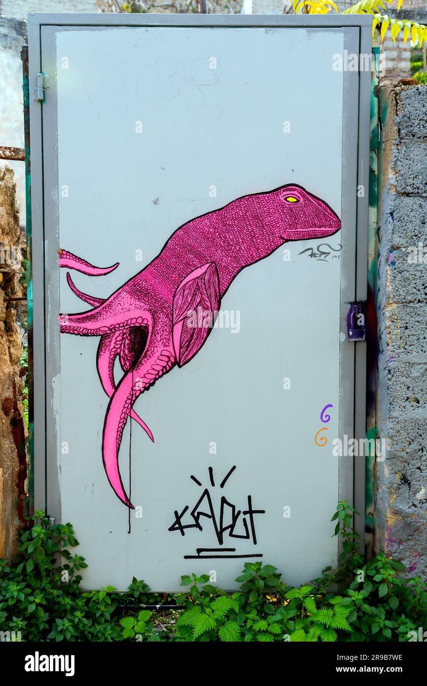 Athens, Greece - 25 Nov 2021: Wall art in a central street of Athens ...