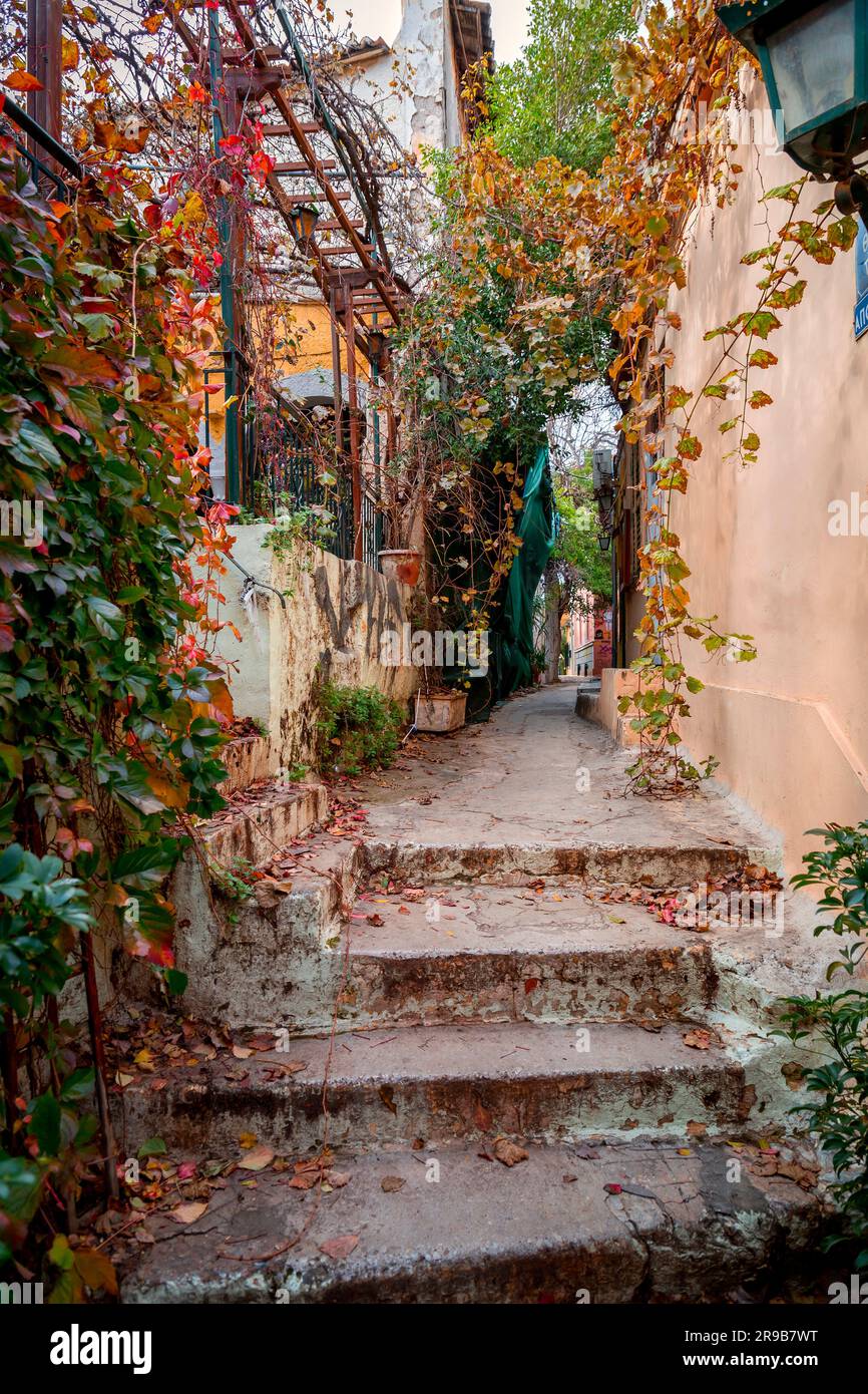 Athens, Greece - 25 Nov 2021: Typical buildings in the streets of Plaka ...