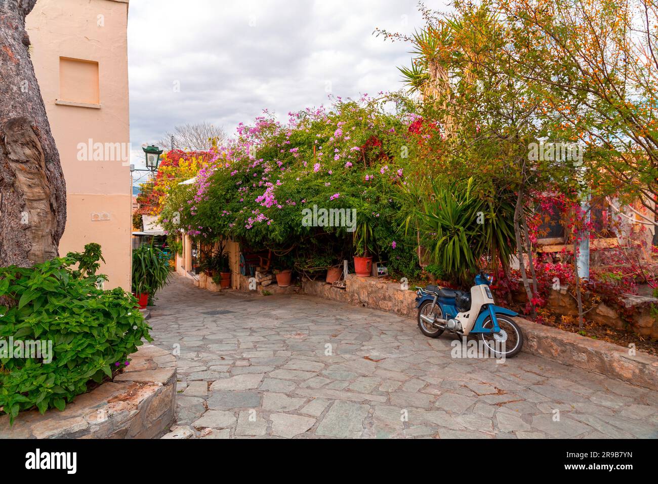 Athens, Greece - 25 Nov 2021: Typical buildings in the streets of Plaka ...