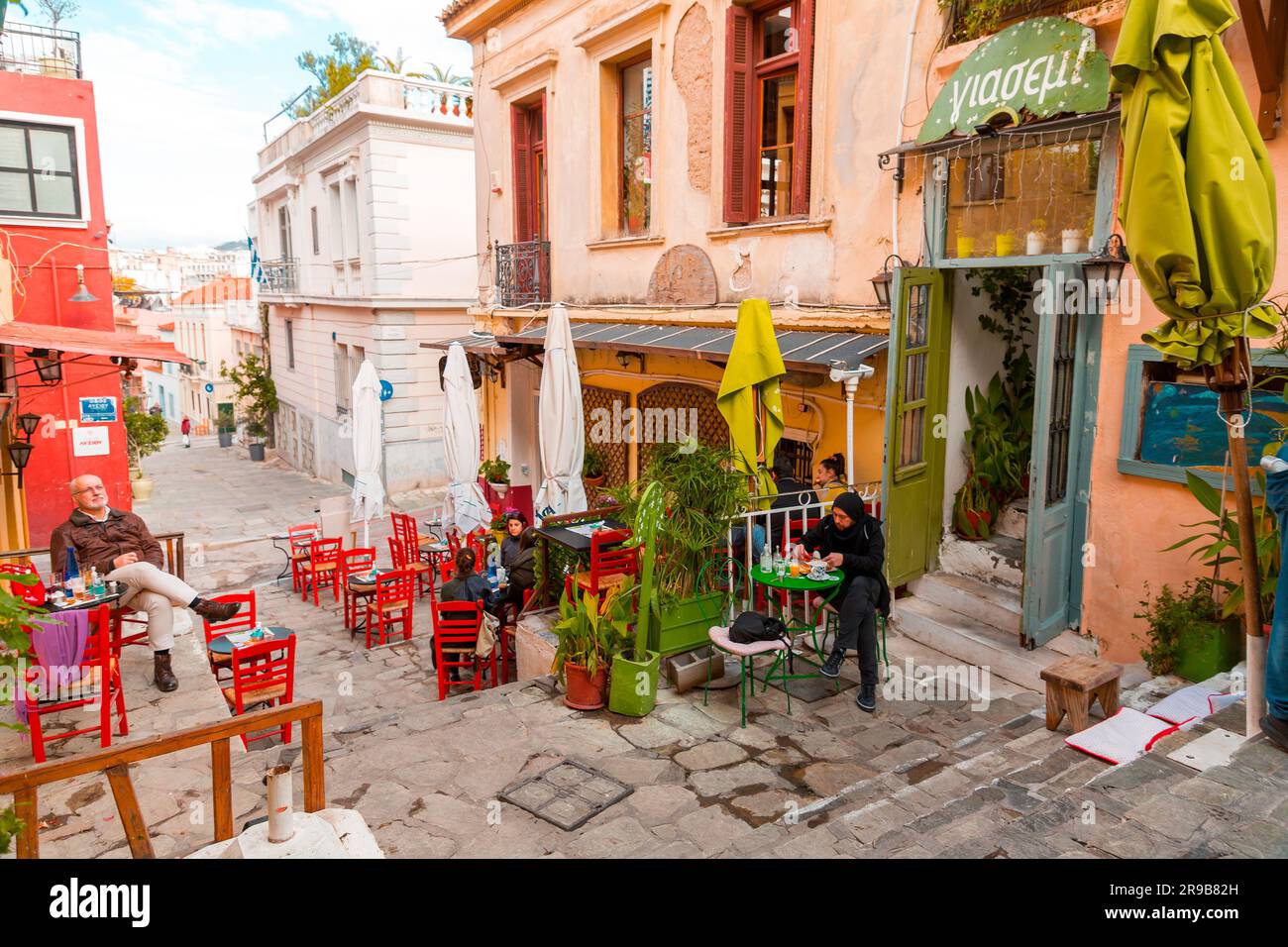 Athens, Greece - 25 Nov 2021: Typical buildings in the streets of Plaka ...