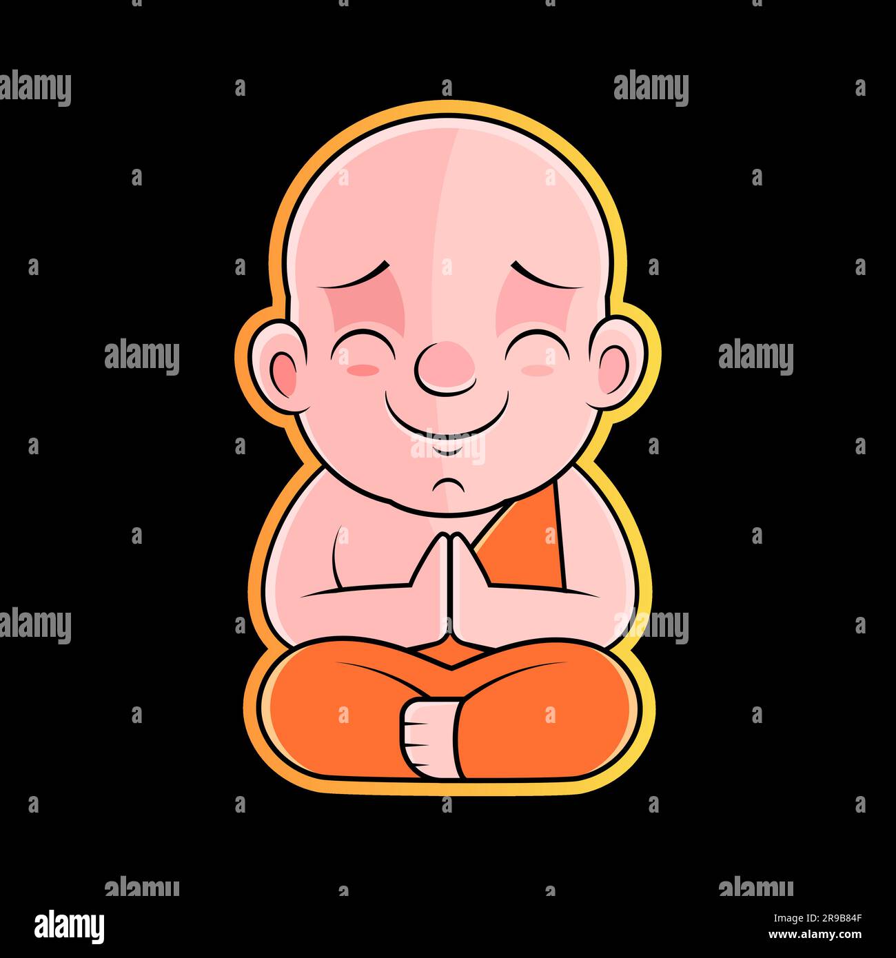 Buddhist monk in orange robes sitting in meditation. Cute cartoon ...