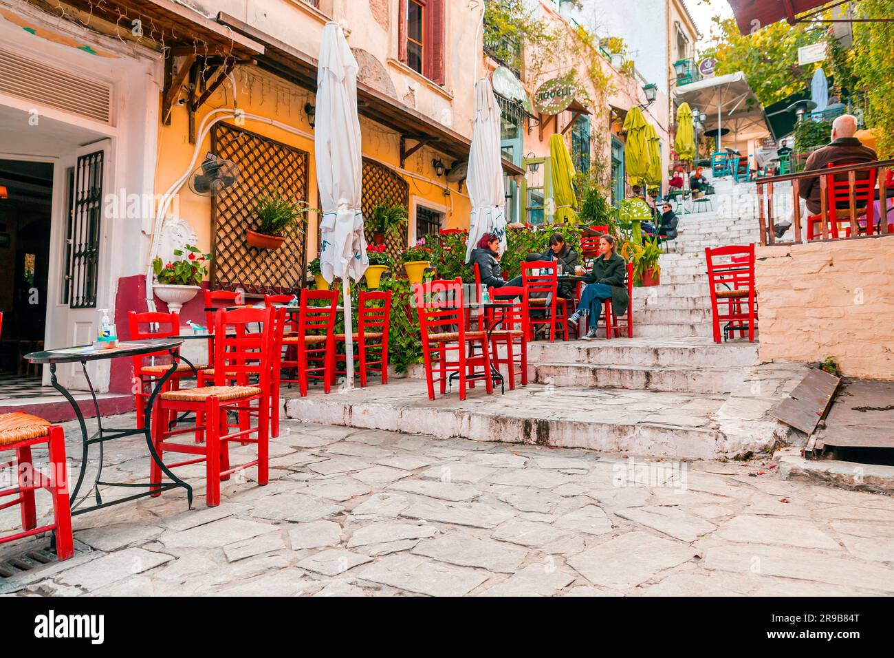 Athens, Greece - 25 Nov 2021: Typical buildings in the streets of Plaka ...
