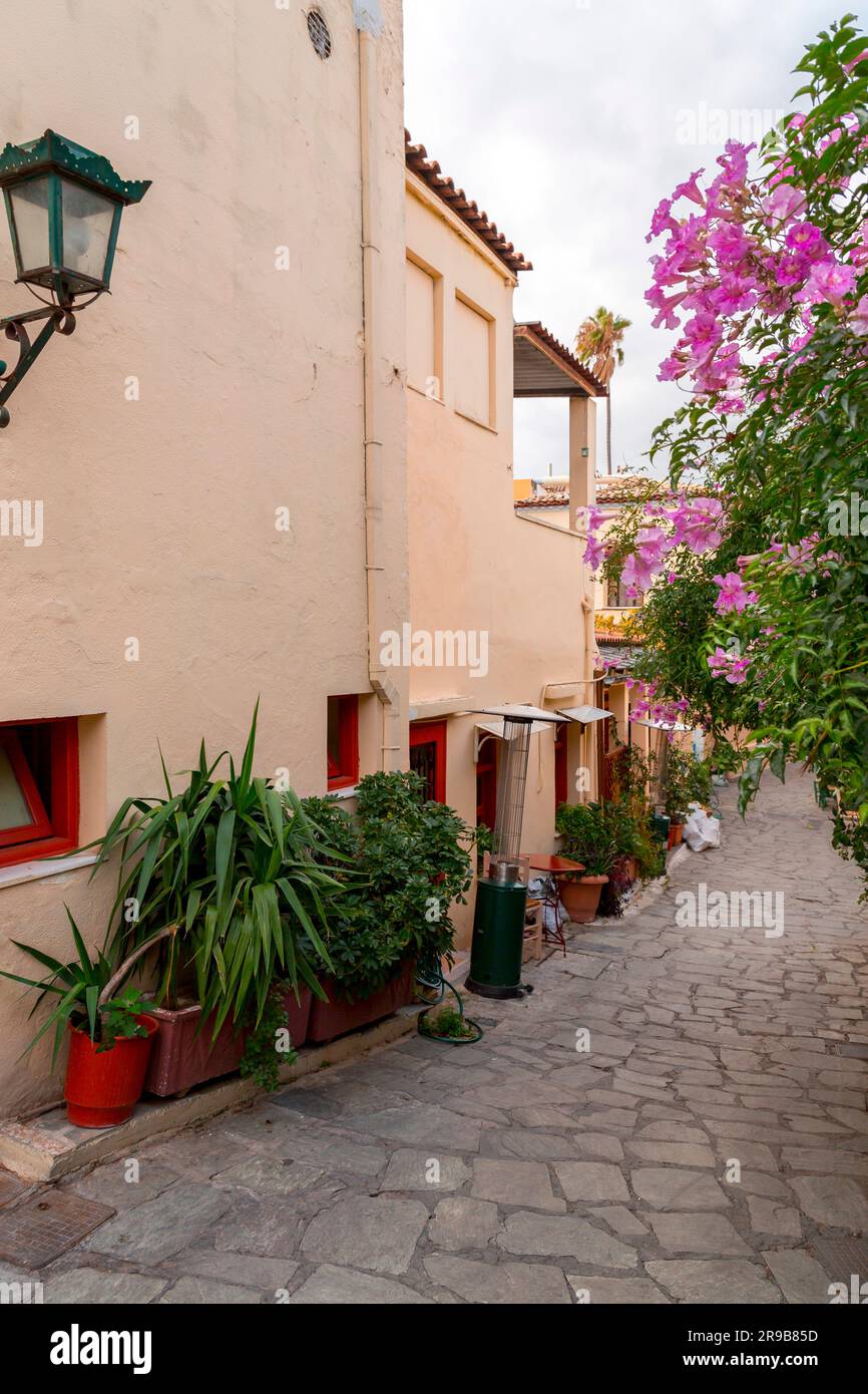 Typical buildings in the streets of Plaka district in Athens, the Greek ...