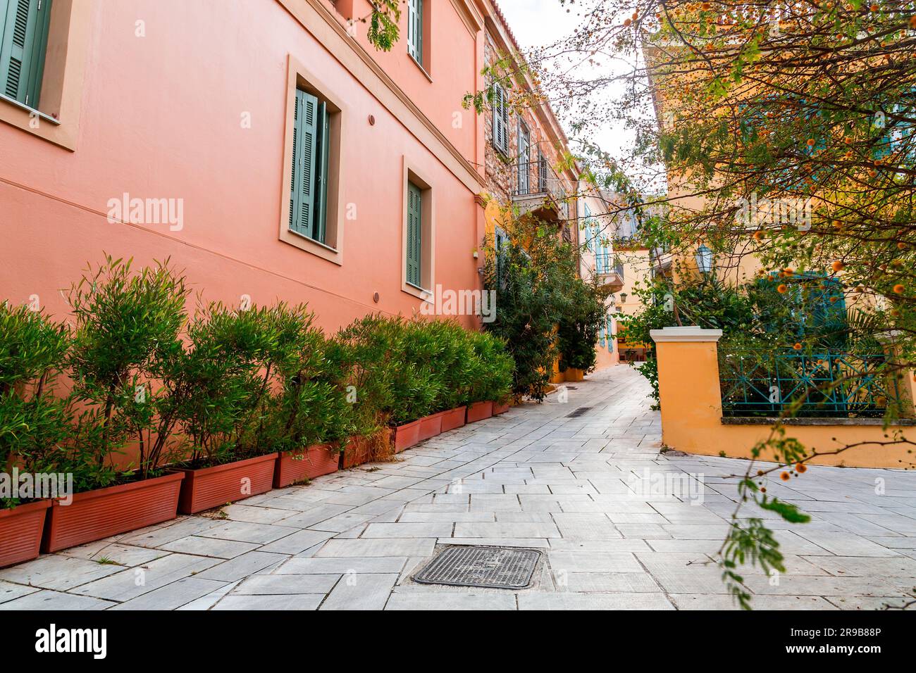 Athens, Greece - 25 Nov 2021: Typical buildings in the streets of Plaka ...
