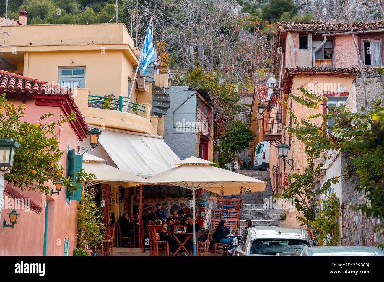 Athens, Greece - 25 Nov 2021: Typical buildings in the streets of Plaka ...