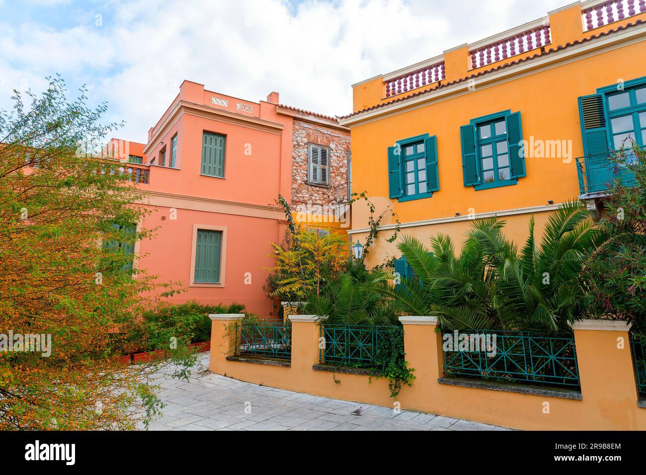 Typical buildings in the streets of Plaka district in Athens, the Greek ...