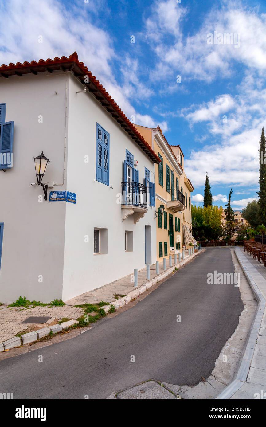 Athens, Greece - 25 Nov 2021: Typical buildings in the streets of Plaka ...