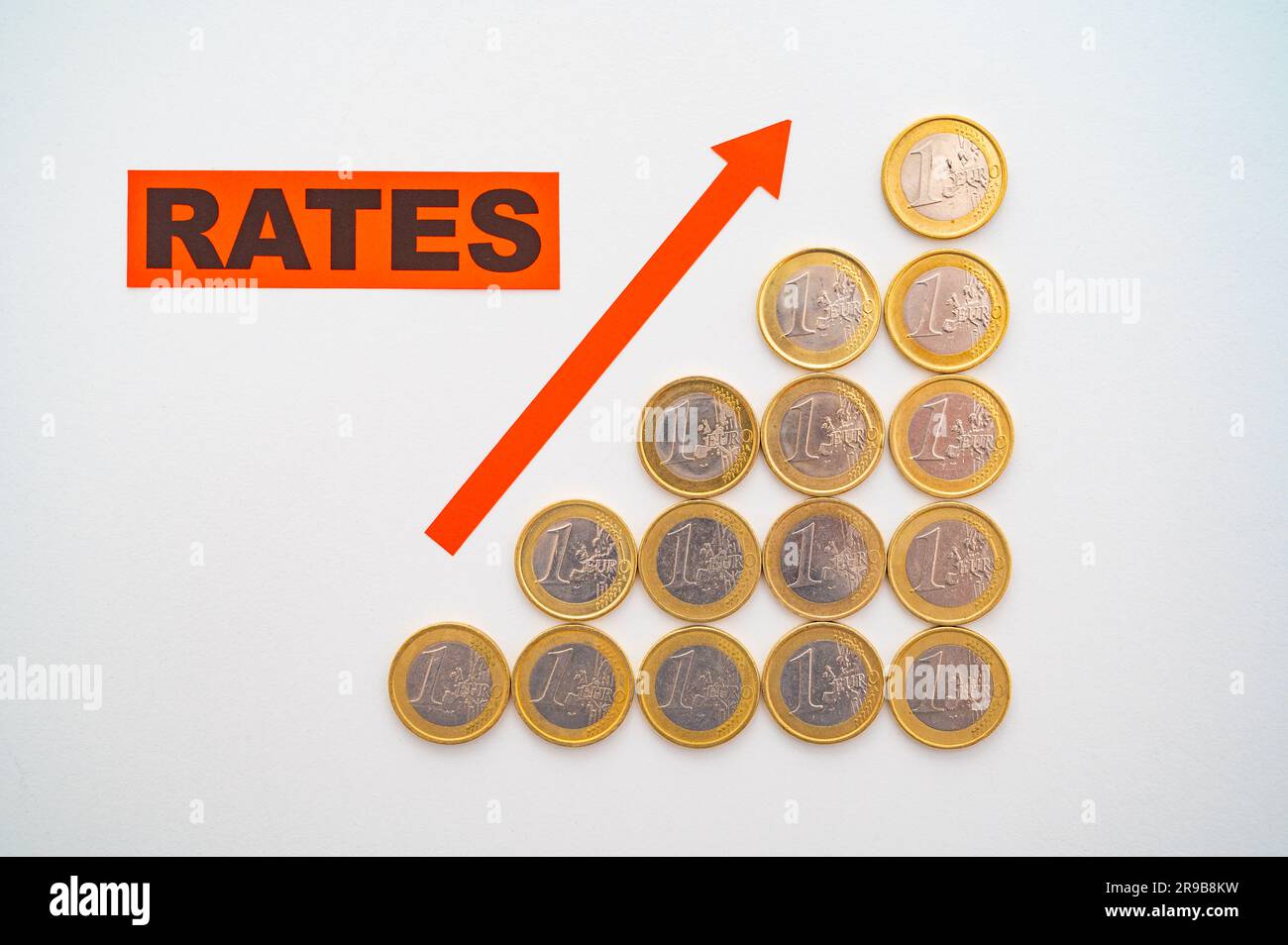 Rows of coins of increasing height, word rates, and red arrow pointing ...