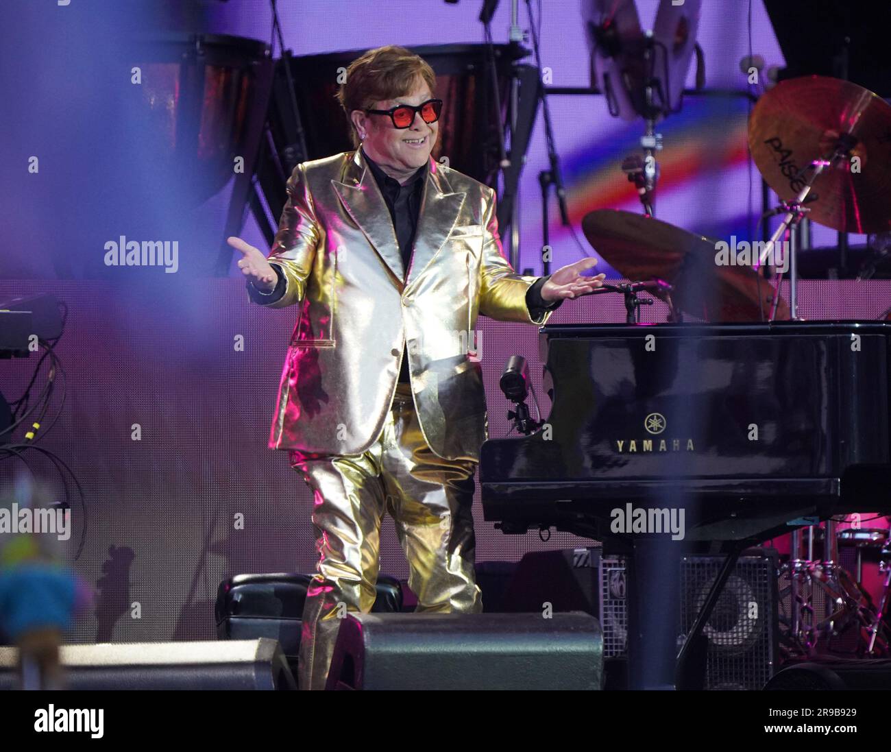 EDITORIAL USE ONLY Elton John performing on the Pyramid Stage at the ...