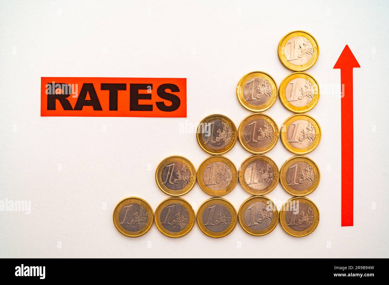 Rows of coins of increasing height, word rates, and red arrow pointing ...