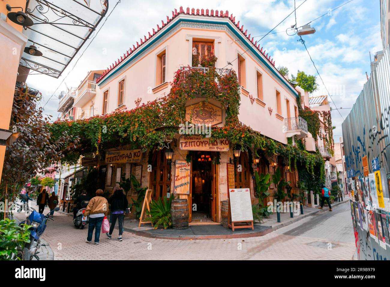 Athens, Greece - 25 Nov 2021: Outdoor seats at the traditional Greek ...