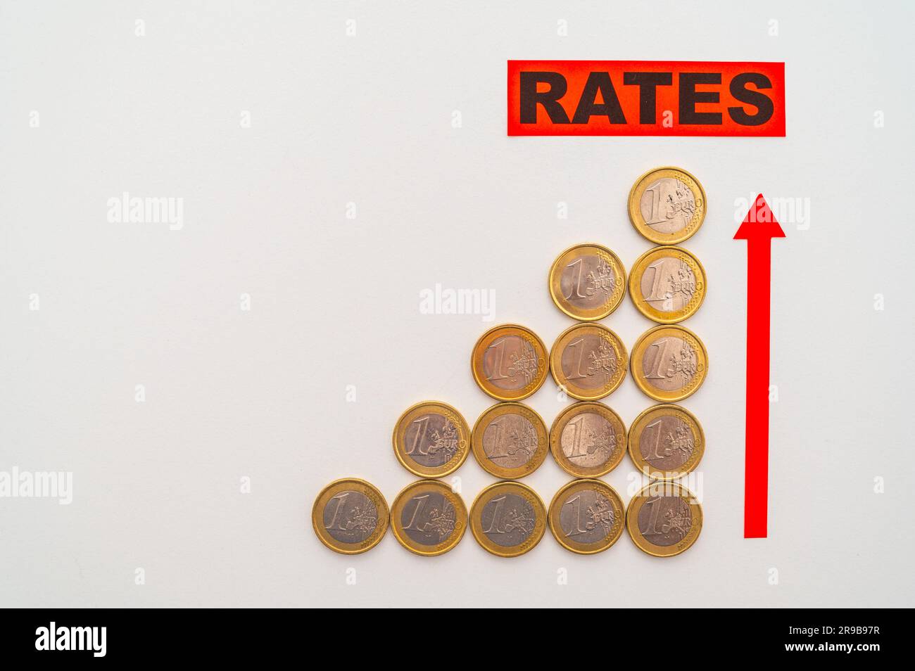 Rows of coins of increasing height, word rates, and red arrow pointing ...
