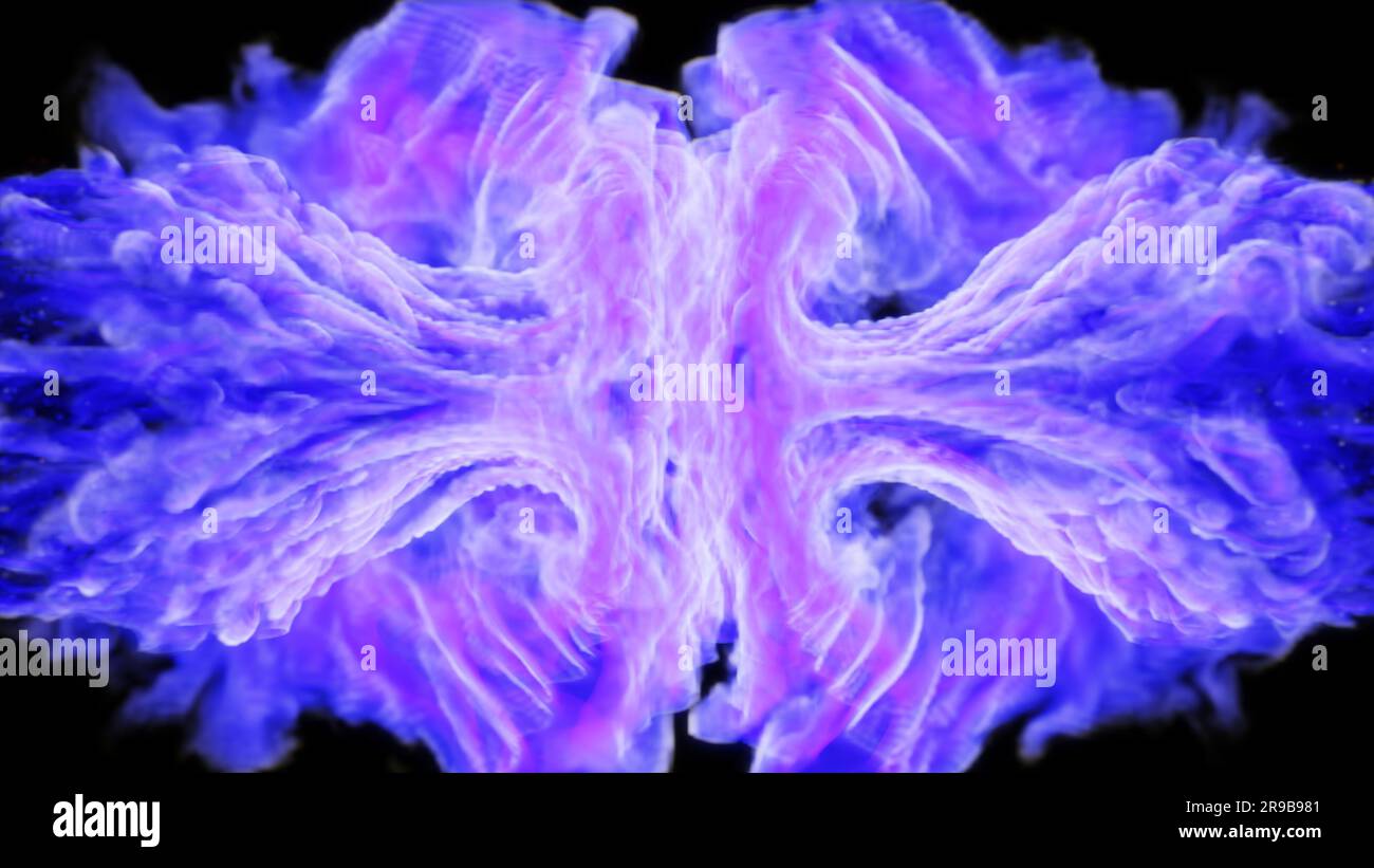 Purple flames on both sides on a black background. 3d illustration ...
