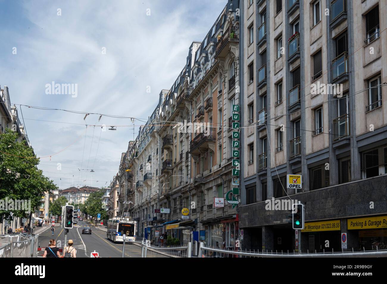 LAUSANNE, SWITZERLAND - JUNE 18, 2023: Typical Building and street at ...