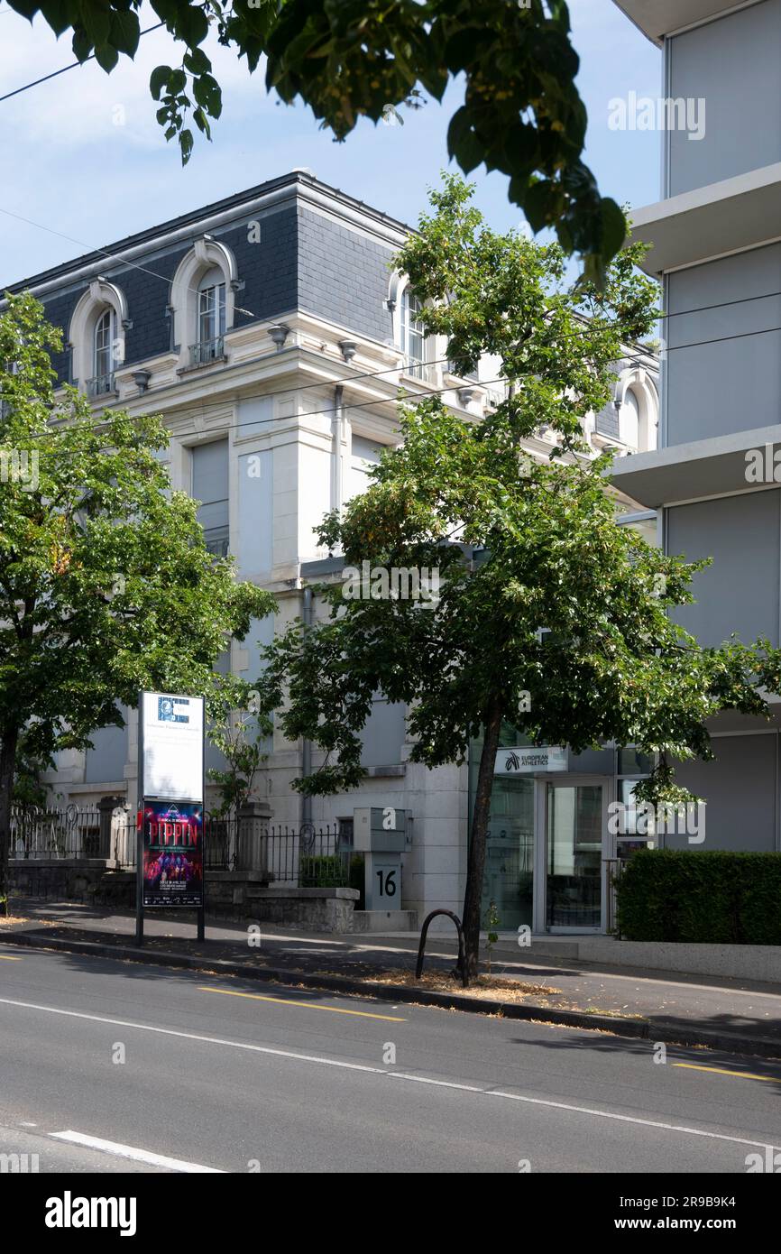 LAUSANNE, SWITZERLAND - JUNE 18, 2023: Typical Building and street at ...
