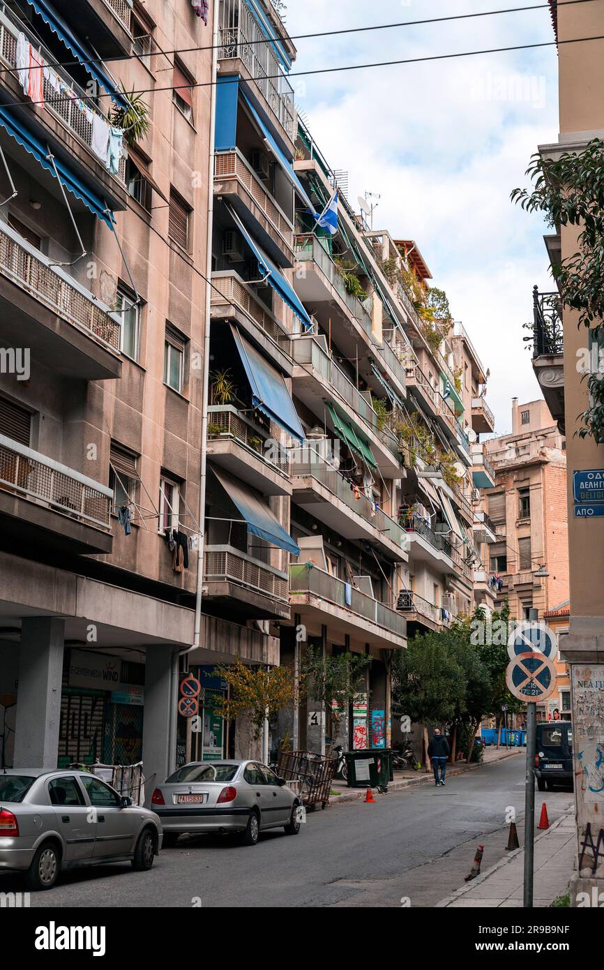 Athens, Greece - 25 Nov 2021: View from the central streets of Athens ...