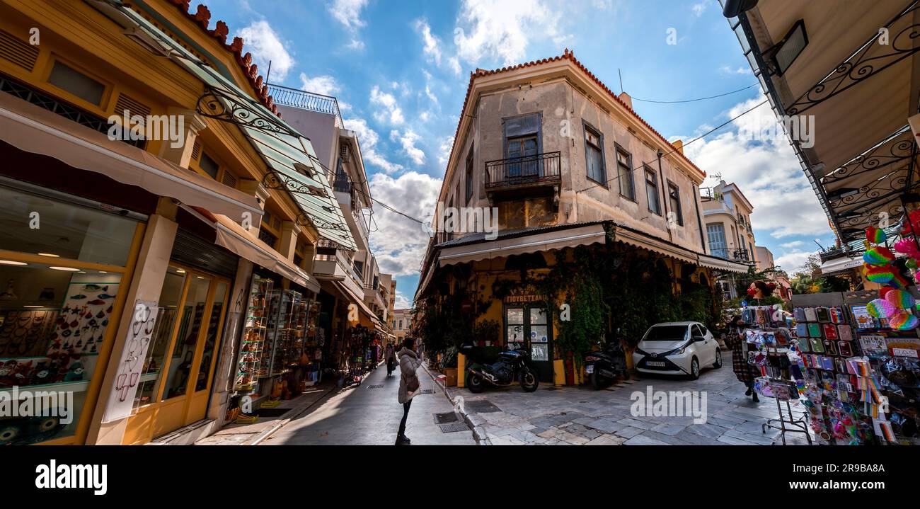 Athens, Greece - 25 Nov 2021: Typical buildings in the streets of Plaka ...