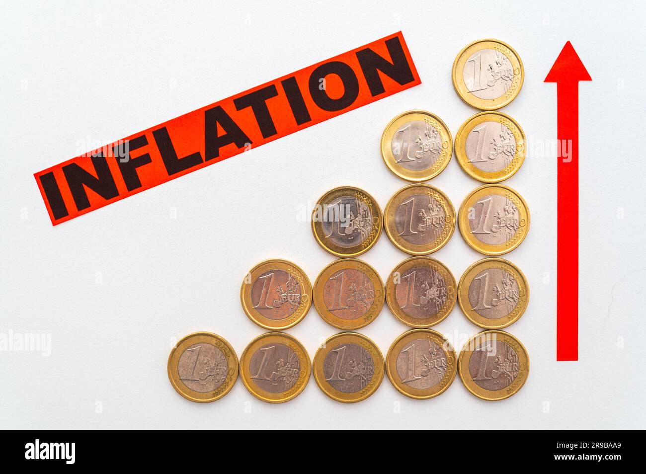 Rows of coins of increasing height, word "inflation", and red arrow ...