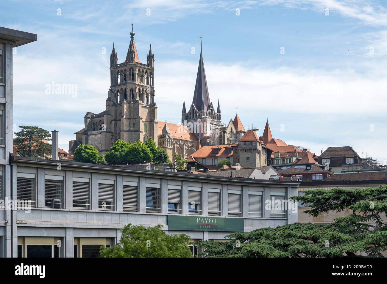 LAUSANNE, SWITZERLAND - JUNE 18, 2023: Typical Building and street at ...