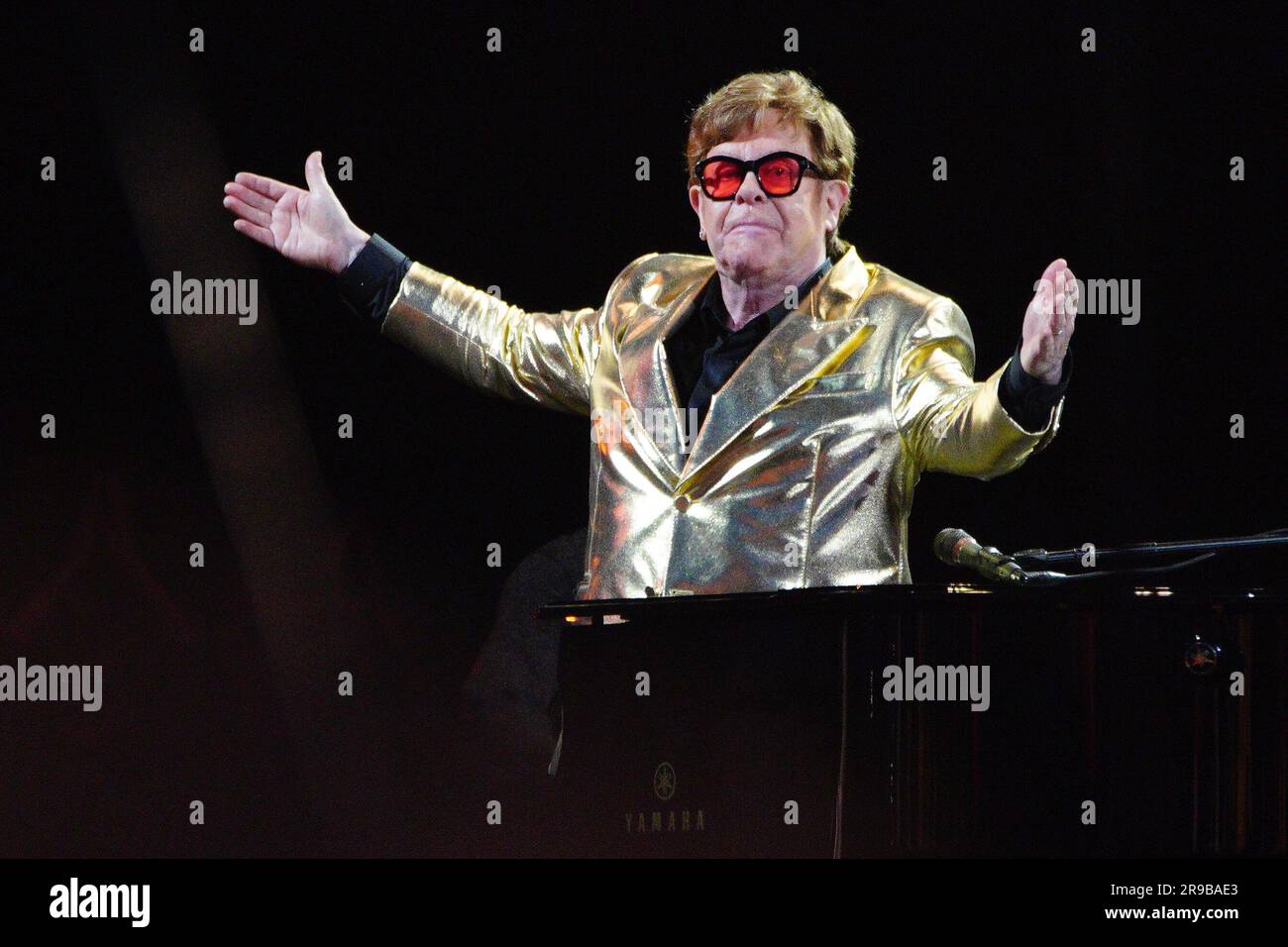 EDITORIAL USE ONLY Elton John performing on the Pyramid Stage at the ...