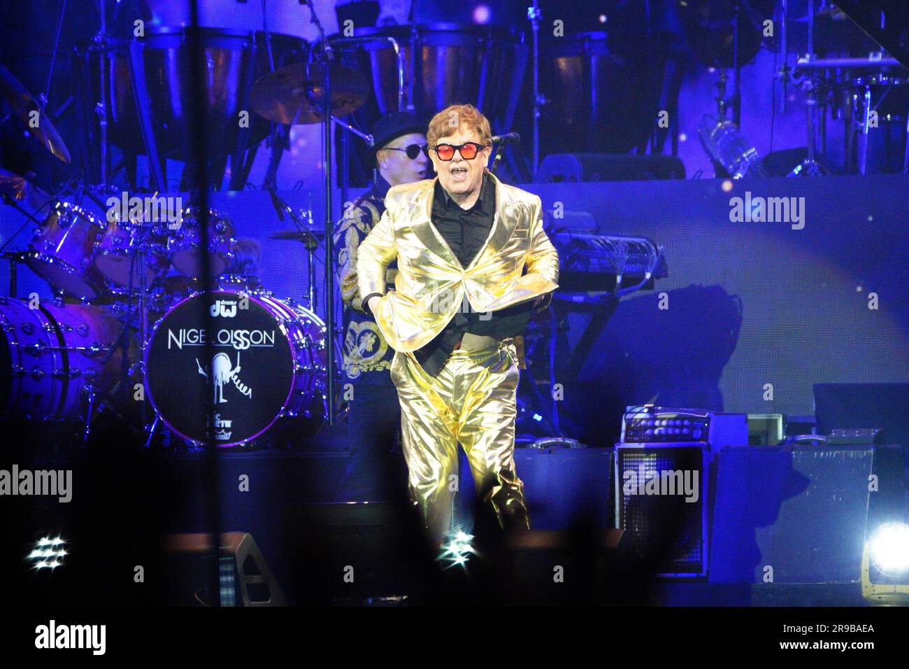 EDITORIAL USE ONLY Elton John performing on the Pyramid Stage at the ...