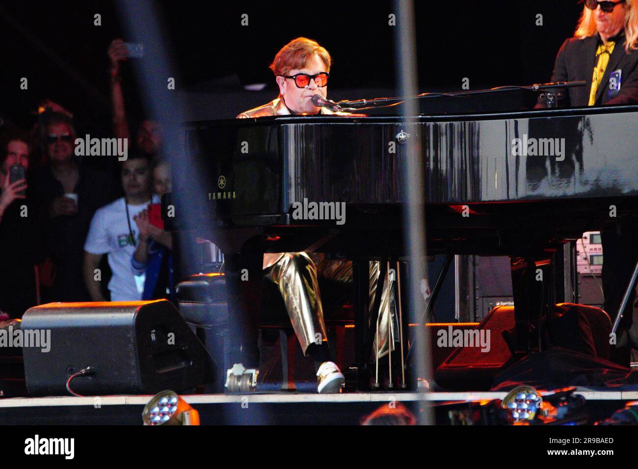 EDITORIAL USE ONLY Elton John performing on the Pyramid Stage at the ...