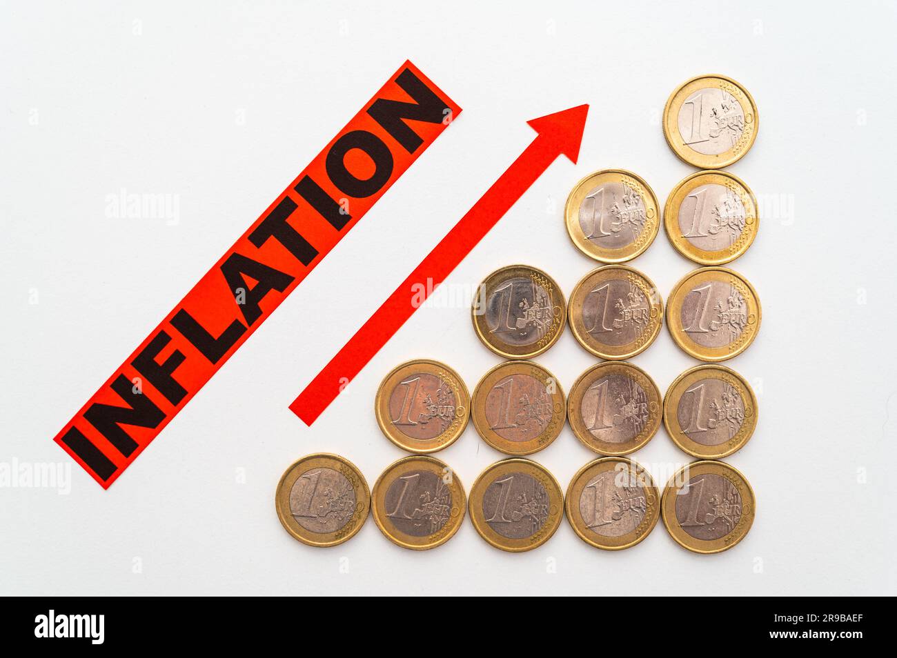 Rows of coins of increasing height, word "inflation", and red arrow ...