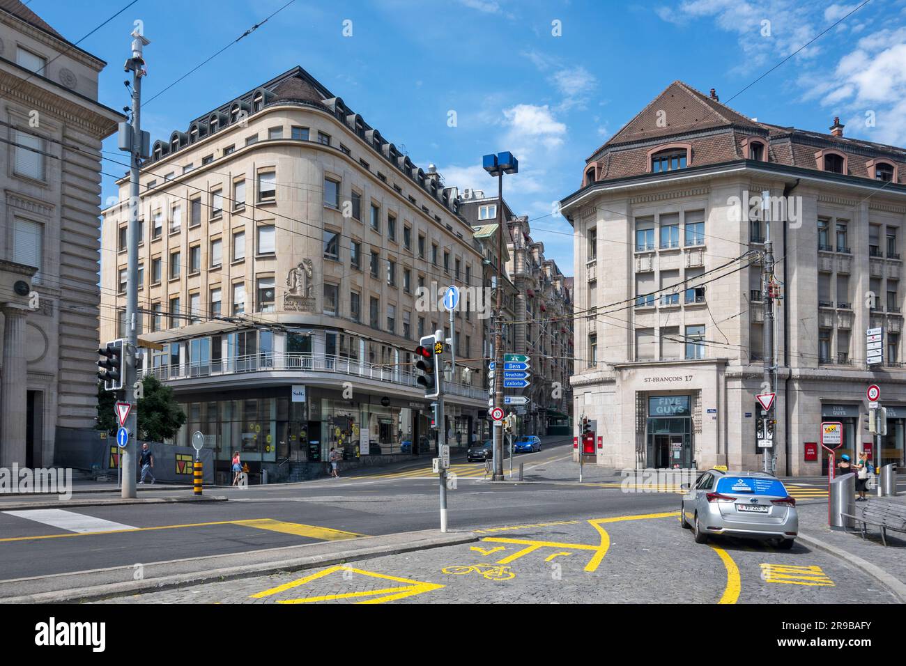 LAUSANNE, SWITZERLAND - JUNE 18, 2023: Typical Building and street at ...