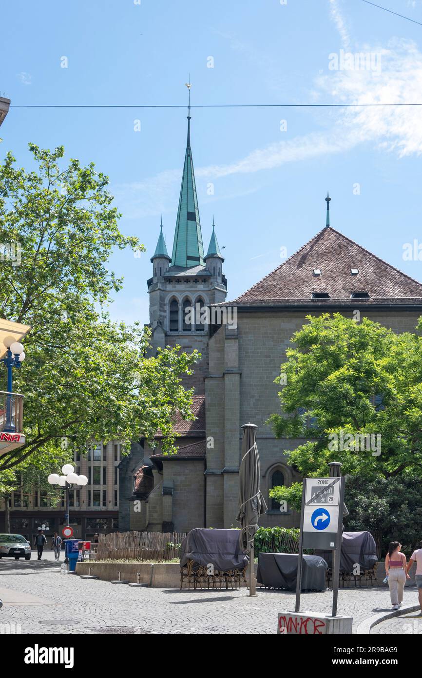 LAUSANNE, SWITZERLAND - JUNE 18, 2023: Typical Building and street at ...
