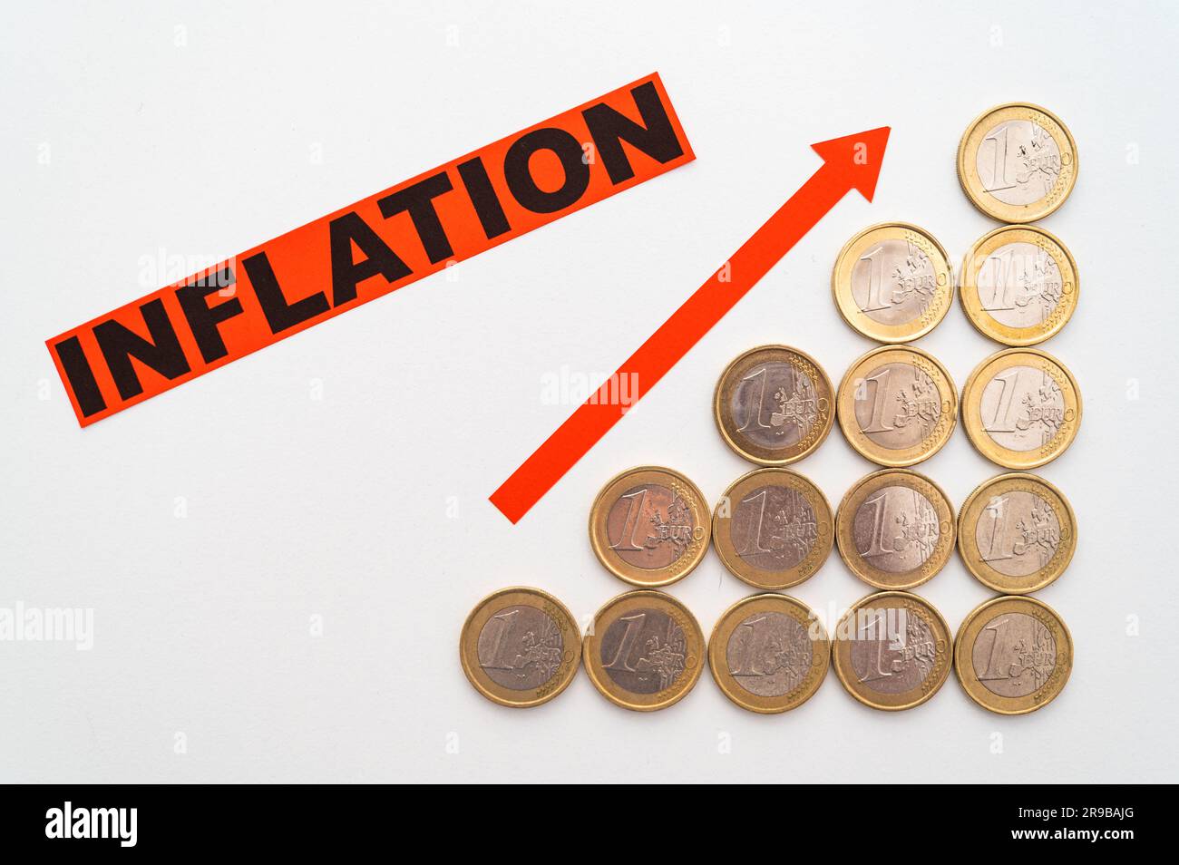 Rows of coins of increasing height, word "inflation", and red arrow ...