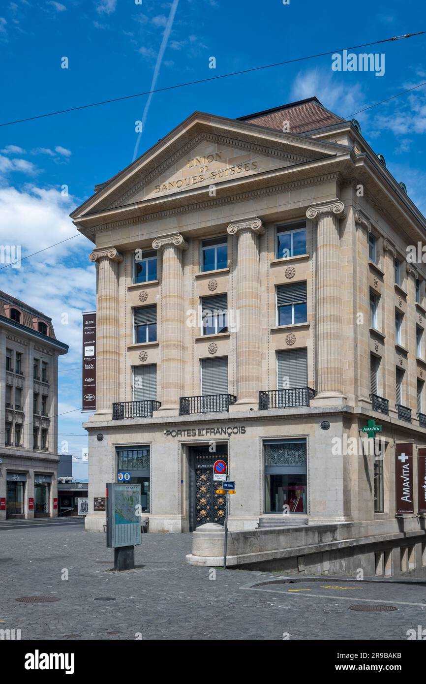 LAUSANNE, SWITZERLAND - JUNE 18, 2023: Typical Building and street at ...