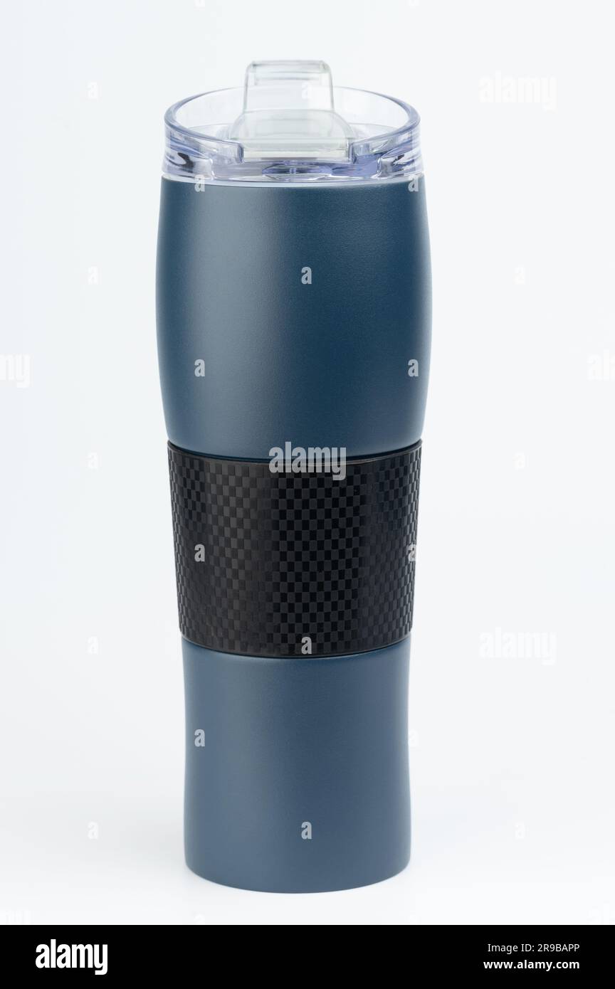 Thermo cup blue color front view isolated on white studio background ...