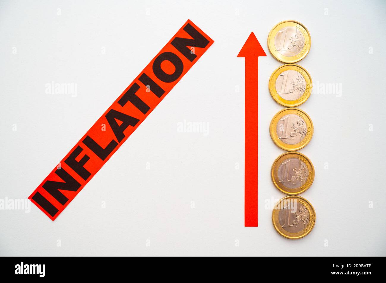 Rows of coins of increasing height, word "inflation", and red arrow ...