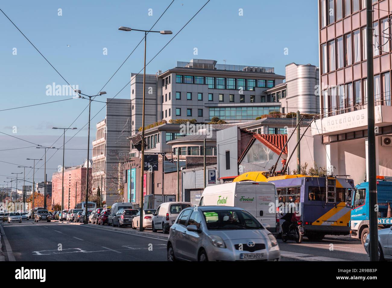 Athens, Greece - 25 Nov 2021: Modern buildings in the streets of Athens ...
