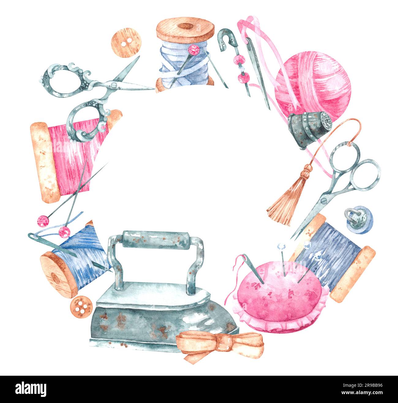 Sewing round frame. Frame with watercolor elements isolated on white ...