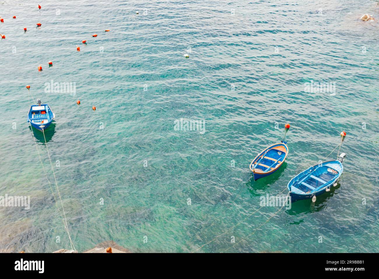 Typical European boats in scenic Riomaggiore bay below on Cinque Terre ...