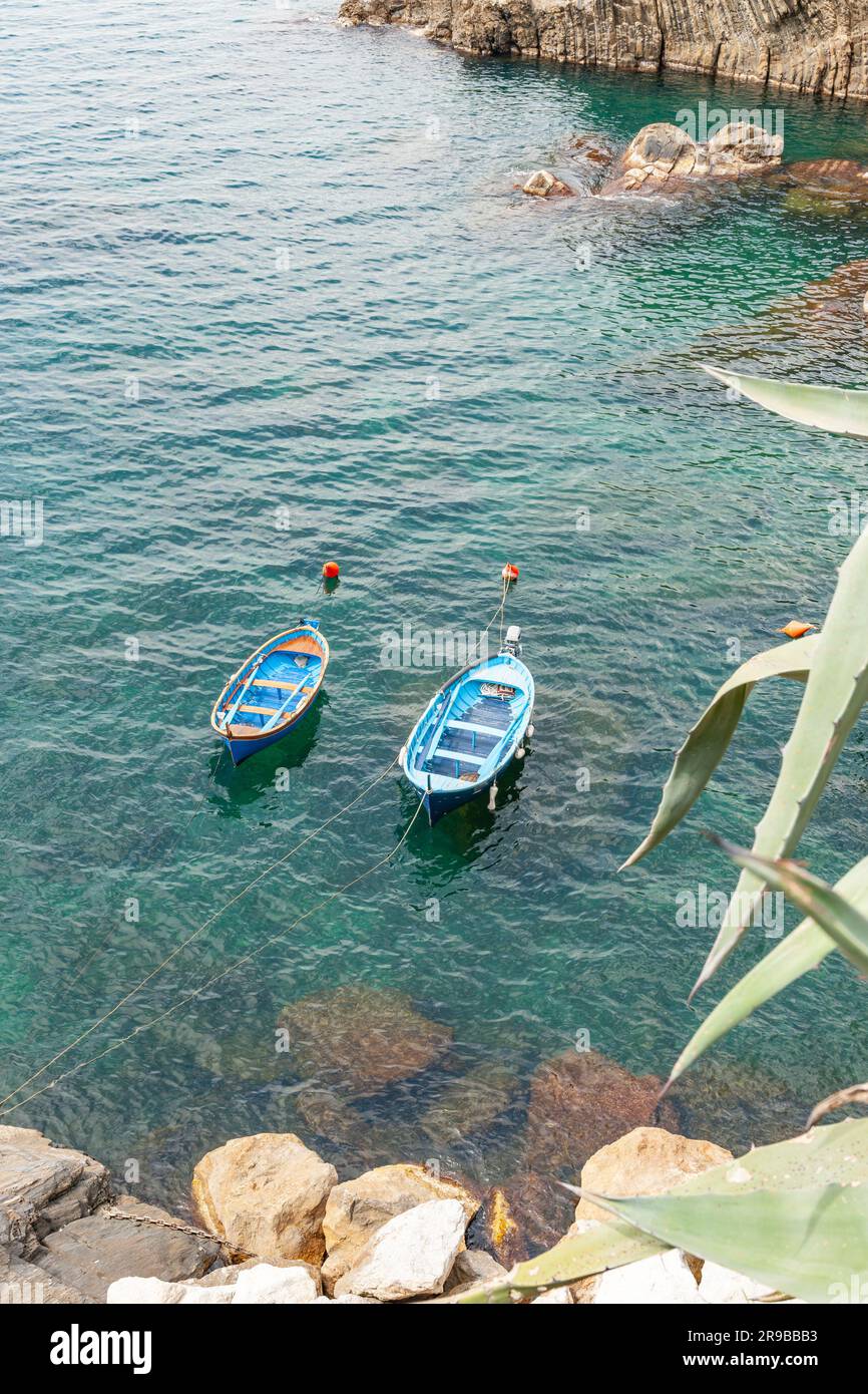 Typical European boats in scenic Riomaggiore bay below on Cinque Terre ...