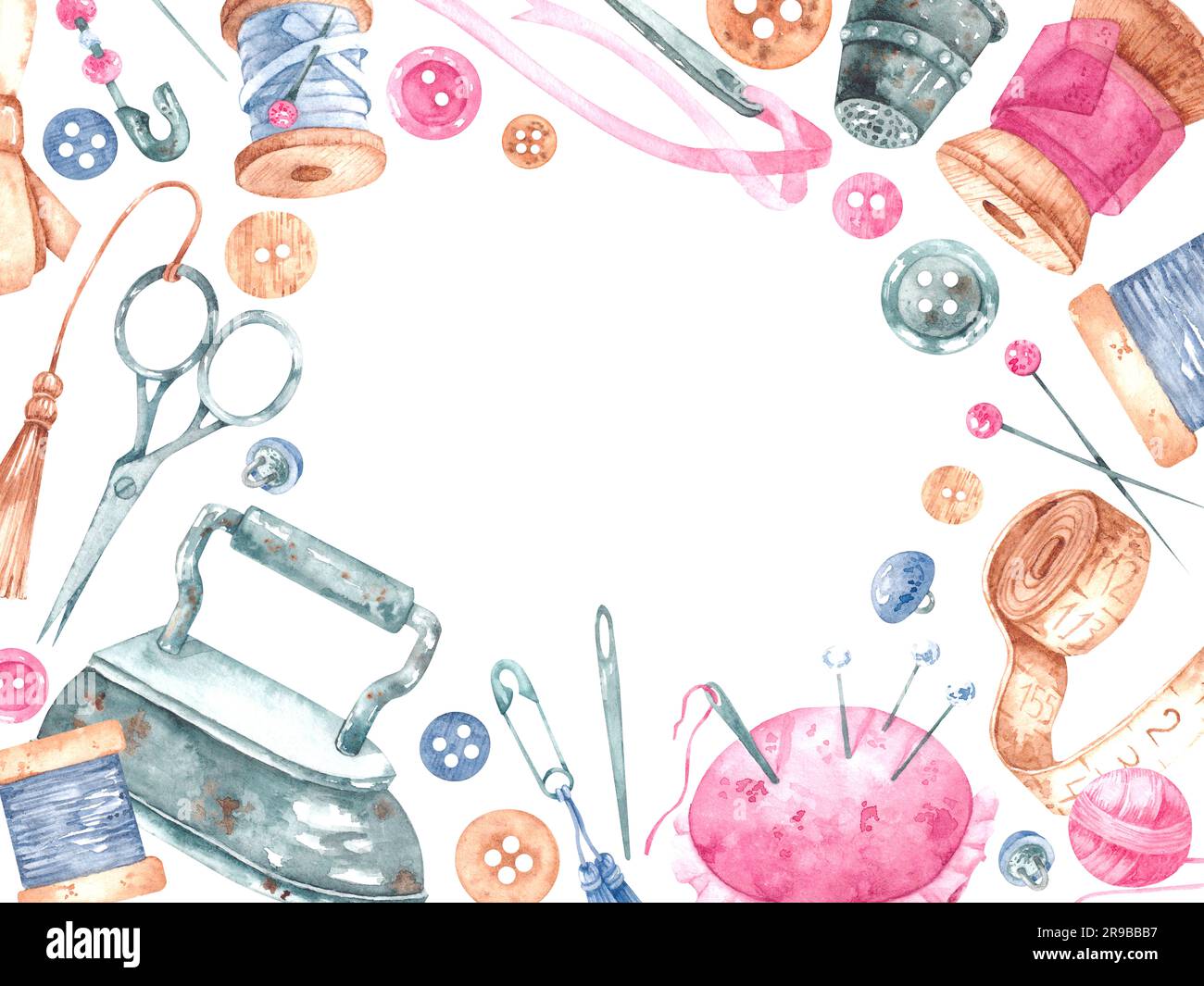 Seamstress frame with sewing tools. Rectangular background isolated on ...