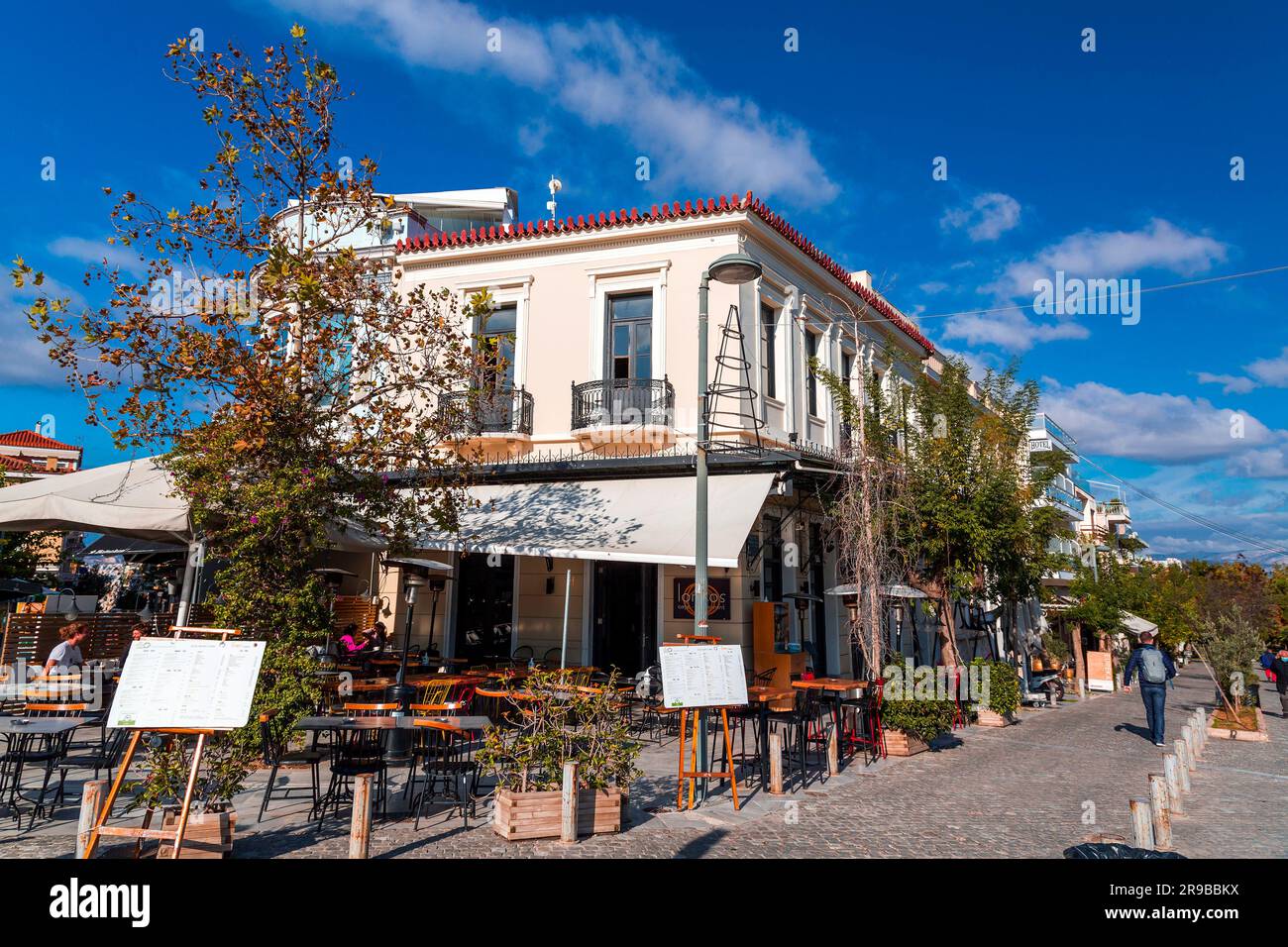 Athens, Greece - 25 Nov 2021: Outdoor seats at the traditional Greek ...
