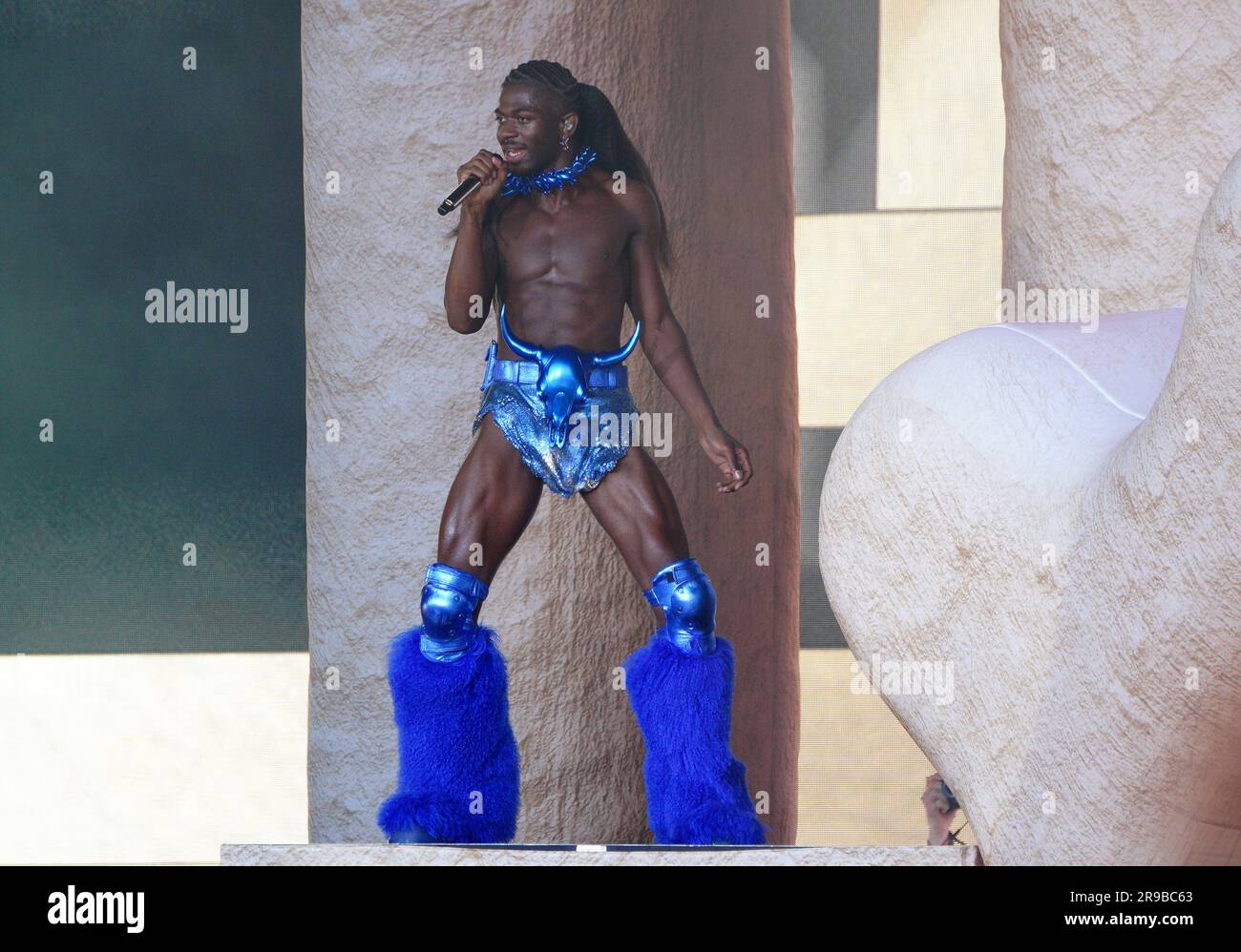 Lil Nas X performing on the Pyramid Stage at the Glastonbury Festival ...