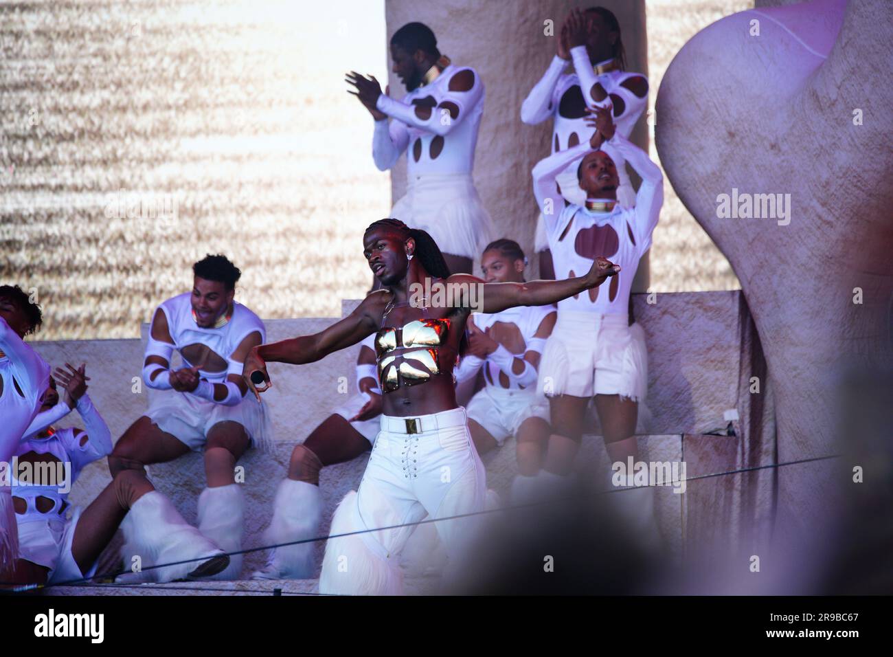 Lil Nas X performing on the Pyramid Stage at the Glastonbury Festival ...
