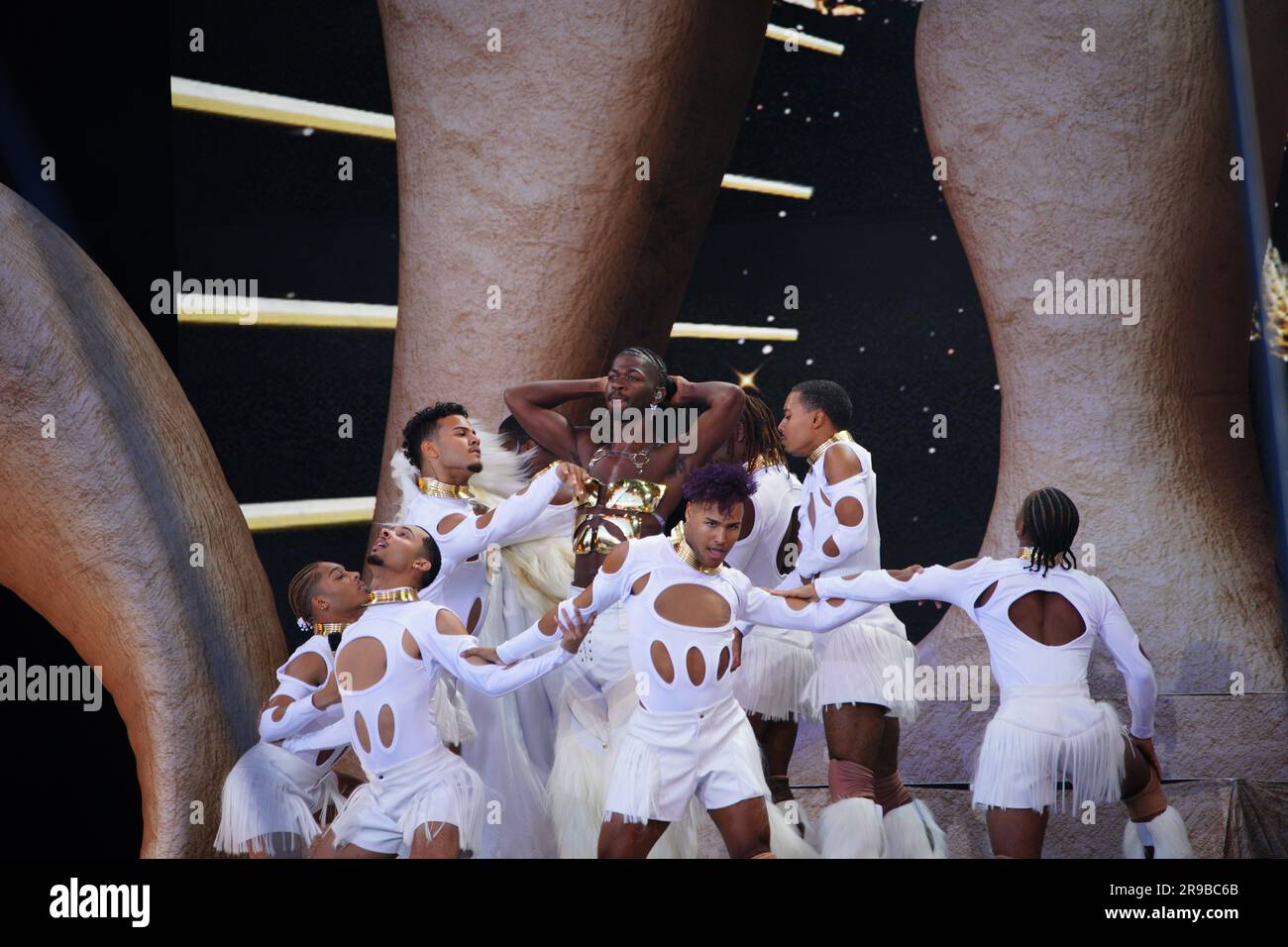 Lil Nas X performing on the Pyramid Stage at the Glastonbury Festival ...