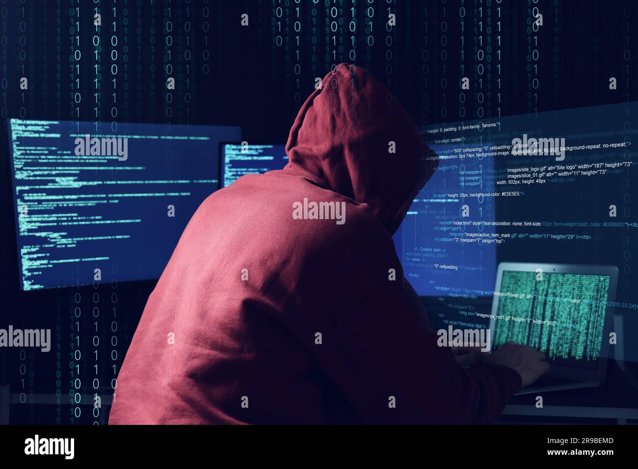 Cyber attack. Anonymous hacker working with laptop and monitors on dark blue background. Binary ...